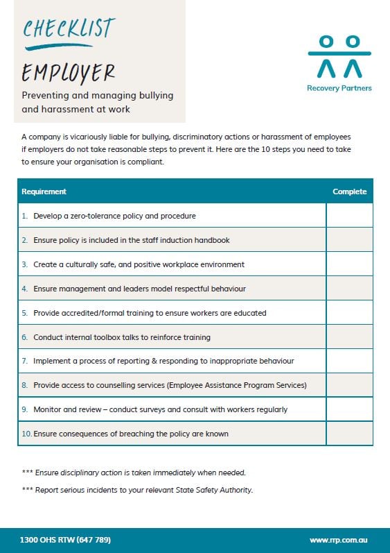 Bullying and Harassment - Employer Checklist