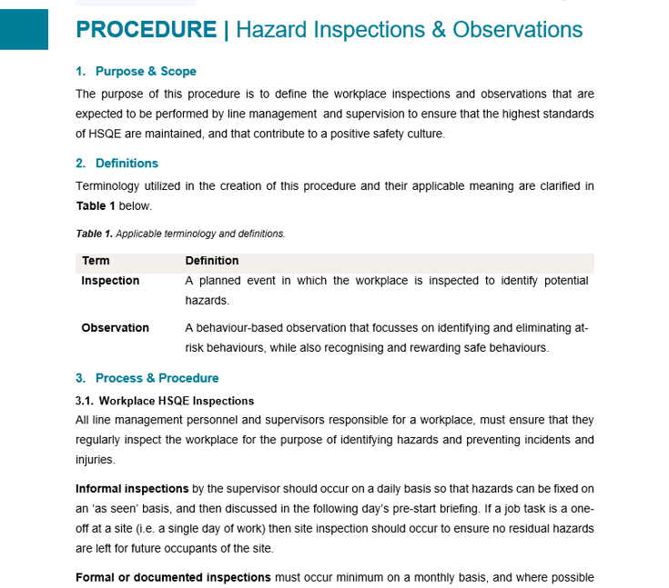 Hazards Inspections and Observation Procedure